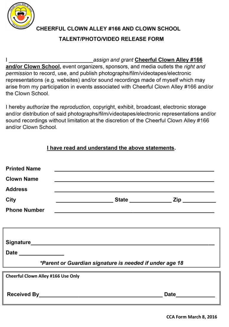Talent Photo Release form - Clown School | Hire a Clown | Cheerful ...